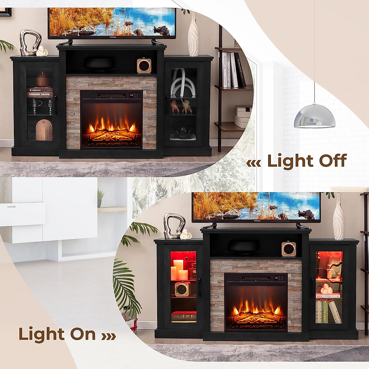 COSTWAY Electric Fireplace TV Stand for TVs Up to 65 Inches, 18-inch Fireplace Insert with APP Control, Remote Control, 16 Color Lights, Wooden Entertainment Center with Adjustable Shelves, Black