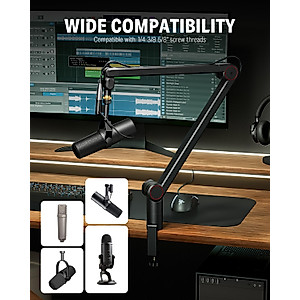 Donner Boom Arm, Adjustable Mic Stand on Desk with 3/8'' to 5/8'' Screw Adapter, Heavy Duty ALU Mic Stand up to 4.2 lbs, Microphone Arm with Cable Management Design for Gaming, Podcast, Recording