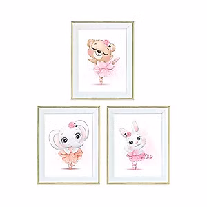 Framed Nursery Wall Art Animals Ballerinas for Girl Baby Room Wall Decor, 10"x12" Wood Frame, Set of 3