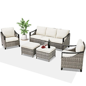 FEISHOMINOO Outdoor Patio Furniture, 5 Piece Patio Furniture All Weather 2-Seater Outdoor Sectional Sofa with Thick Cushions for Patio,Porch,Garden,Backyard (Beige, M-5 Chair Sofa)