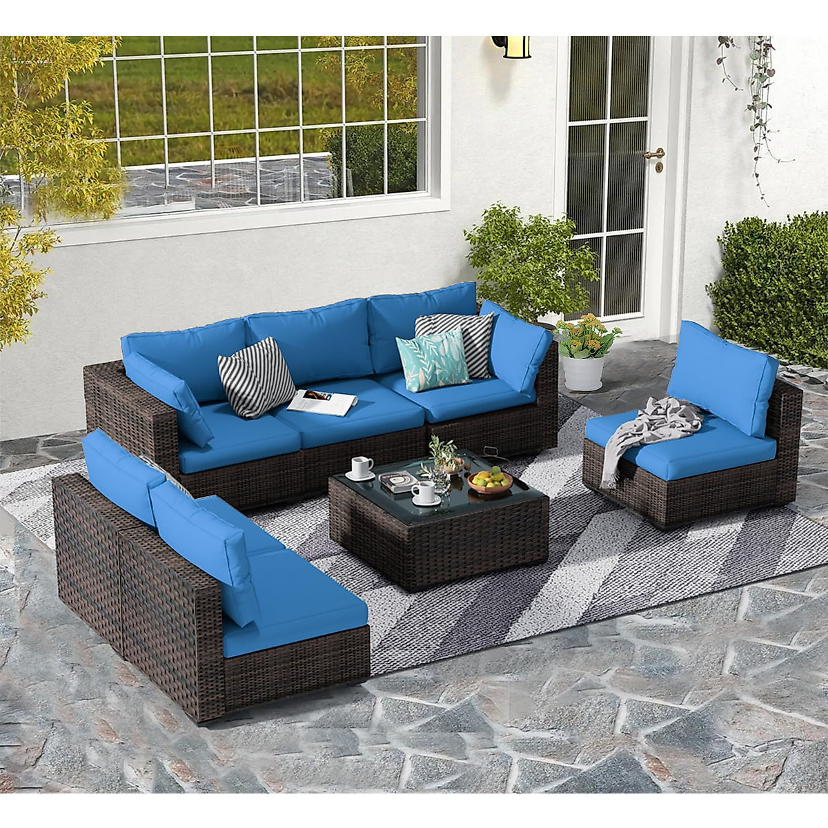gaildon Patio Furniture Set 7 Piece Outdoor Wicker Sectional Sofa - All Weather PE Rattan Couch Conversation Set with Cushion & Glass Top Table for Backyard Deck Porch, Blue