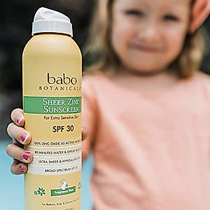 Babo Botanicals Sheer Zinc Continuous Spray Sunscreen SPF 30 with 100% Mineral Active, Water-Resistant, Fragrance-Free, Vegan, for Babies, Kids or Sensitive Skin - 6 Oz. - 1-Pack