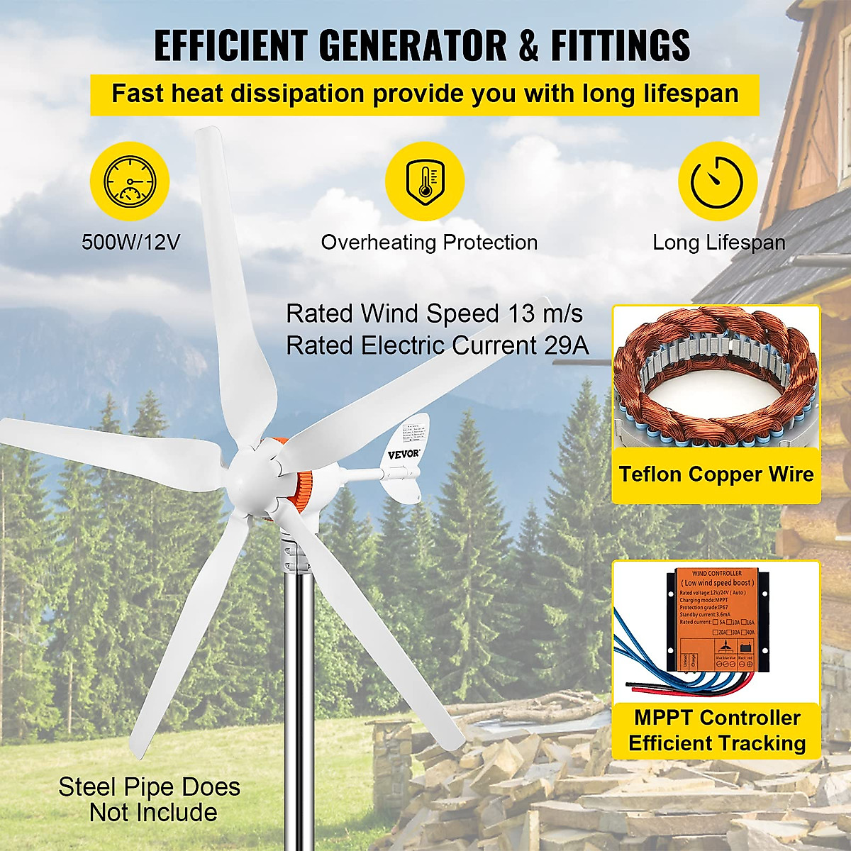 VEVOR Wind Turbine Generator, 12V/24V Wind Turbine Kit, 500W Wind Power Generator with MPPT Controller 5 Blades Auto Adjust Windward Direction Suitable for Terrace, Marine, Motor Home, Chalet, Boat