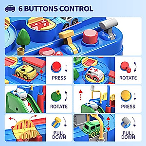 Lucky Doug Race Car Tracks for Boys, Car Rescue Adventure Toys with 4 Mini Car 6 Buttons for 3 4 5 6 Years Old Toddlers Boys Girls, Manually Operated Car Playset Education Toys for Kids Age 3+