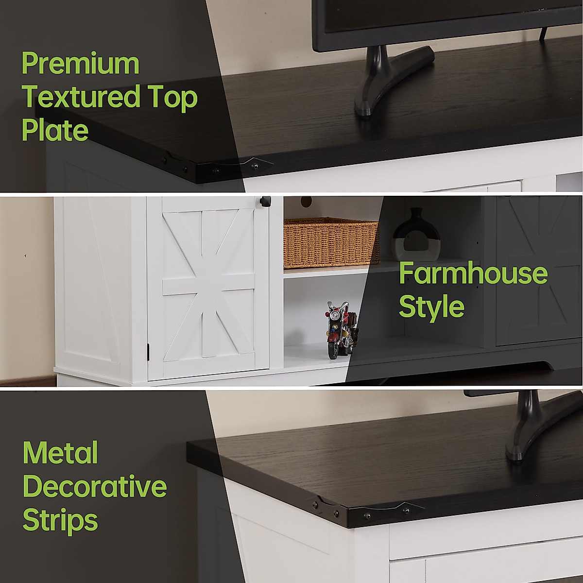 Real Relax Farmhouse TV Stand Perfect for 65" TV Cabinet, 32" Tall Entertainment Center, with Storage Shelves, MDF, Adjustable partitions, Rustic Media Console, Suitable for Living Room, White