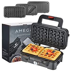 AMEGAT 3 in 1 Sandwich Maker, Waffle Maker with Removables Plates, Panini Press Waffle Iron Set with 5-gear Temperature Control, Non-stick Coating Cool Touch Handle Anti-skid Feet for Breakfast, 1200W