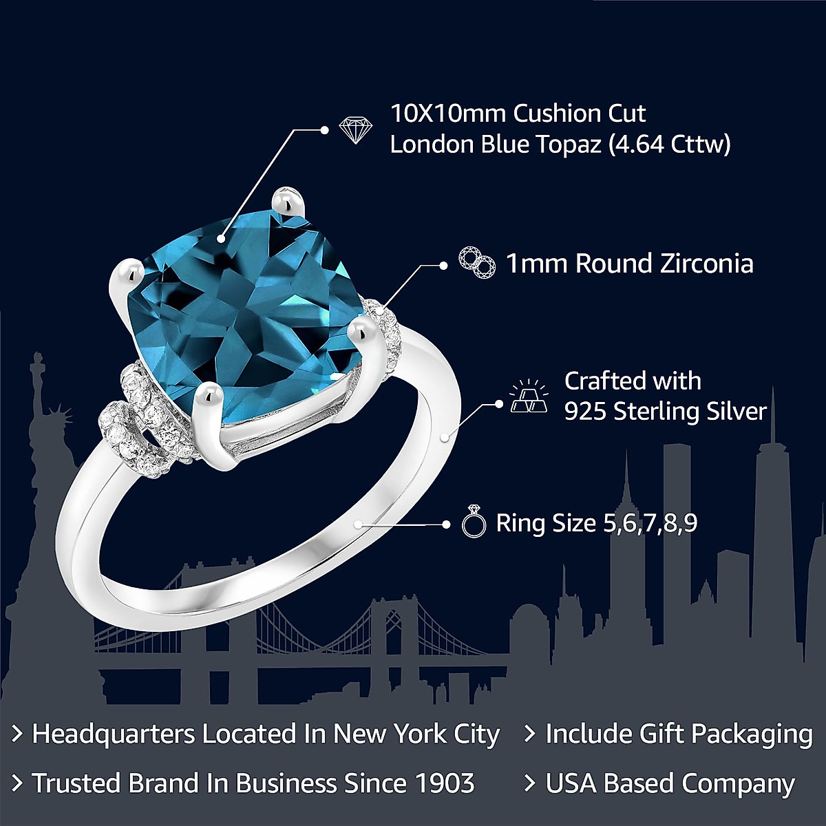 Gem Stone King 925 Sterling Silver London Blue Topaz Engagement Ring For Women (4.64 Cttw, Cushion Cut 10MM, Gemstone Birthstone, Available in size 5, 6, 7, 8, 9)
