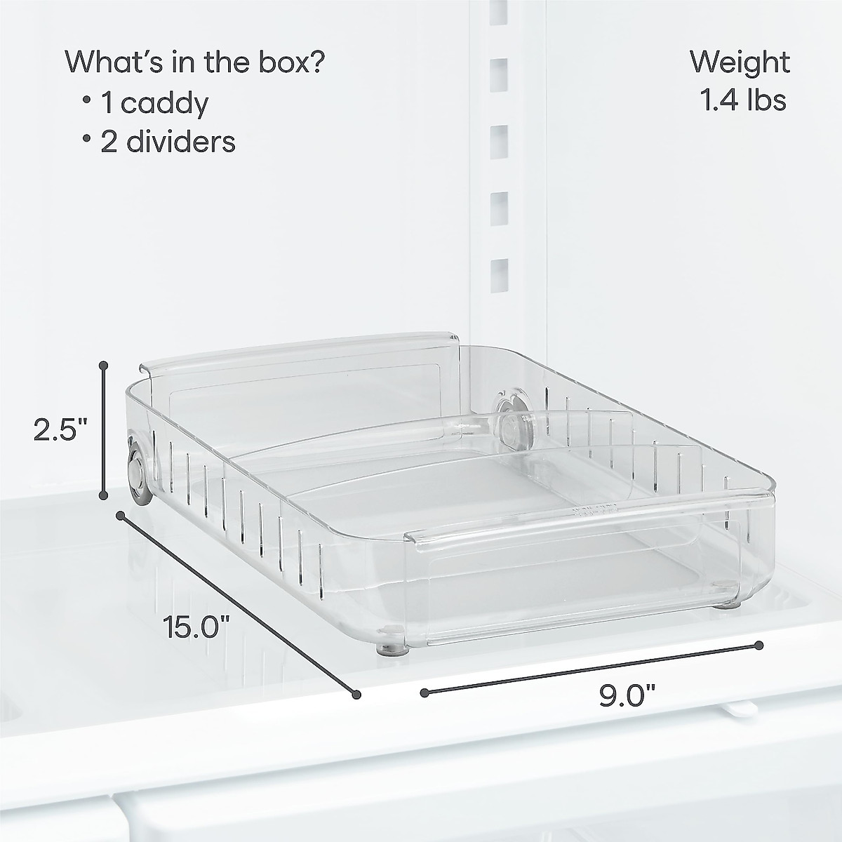 YouCopia RollOut Fridge Caddy BPA-Free Clear Rolling Refrigerator Organizer Bin with Adjustable Dividers and Handles, 9" Wide