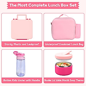 Kids Bento Lunch Box with 8oz Soup Thermo, Water Bottle, Kids Leakproof Lunch Food Containers with 4 Compartment, Kids Insulated Hot Food Jar with Lunch Bag for School, Trvael (Pink)