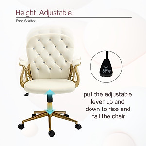 cayglow Velvet Office Desk Chair Comfy with Gold Base, Comfortable Makeup Chairs for Vanity with Back and Wheels,Button Tufted Armchair Swivel Rolling Chair,for Girls Women Study Bedroom,Beige