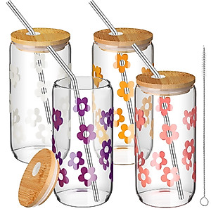 Rtteri 4 Pieces Cute Daisy Glass Cup with Lids and Straws 16oz Can Shaped Drinking Glass Bamboo Lid Straw Iced Coffee Cup Beer Glass Cute Glass Tumbler for Coffee Soda Soft Drink Women Gift