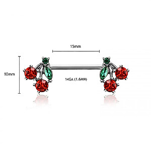 Pierced Owl 14GA 316L Stainless Steel CZ Crystal Red Cherry Ends Nipple Barbells, Sold as a Pair (Silver Tone)