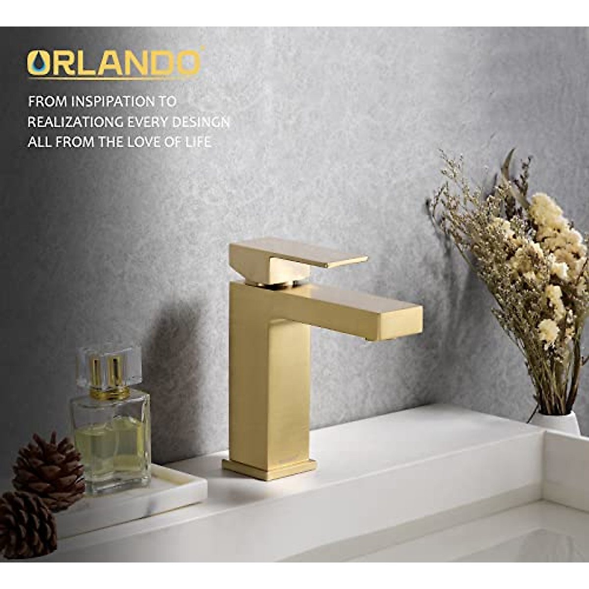 Brushed Gold Bathroom Faucet Single Hole, Modern Brass Bathroom Sink Faucet, Orlando Single Handle Vanity Faucet with Pop-up Drain Assembly and Supply Line, Brushed Gold