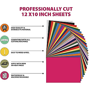 Kassa 30-Piece Heat Transfer Vinyl Sheets | 23 Colors in 12" x 10", Teflon Sheet & Weeding Tool Included | Compatible with All Cutting Machines | Ideal for Pressing on T-Shirts, Clothing & Textiles