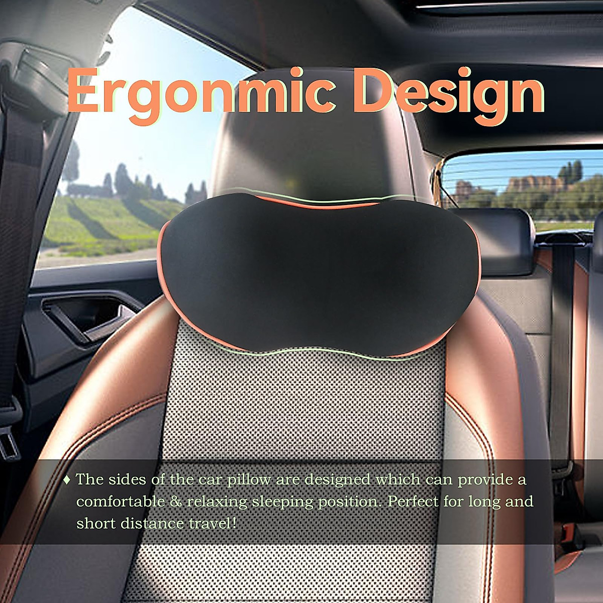 SPRFUFLY Really Comfy Car Headrest Pillow, Car Pillow for Driving with Adjustable Strap, Space Memory Foam Neck Pillow, Breathable Removable Cover - Travel Neck Pillow(Lightorange Side Rope)