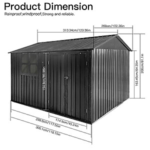 Jintop 10x8 FT Metal Frame Garden Sheds with Lockable Doors and Window,Outdoor Single-Storey Roofed Storage Shed,w/Waterproof Roofs,for Storing Bicycles,Lawnmowers,Barbeques,Dark-Grey