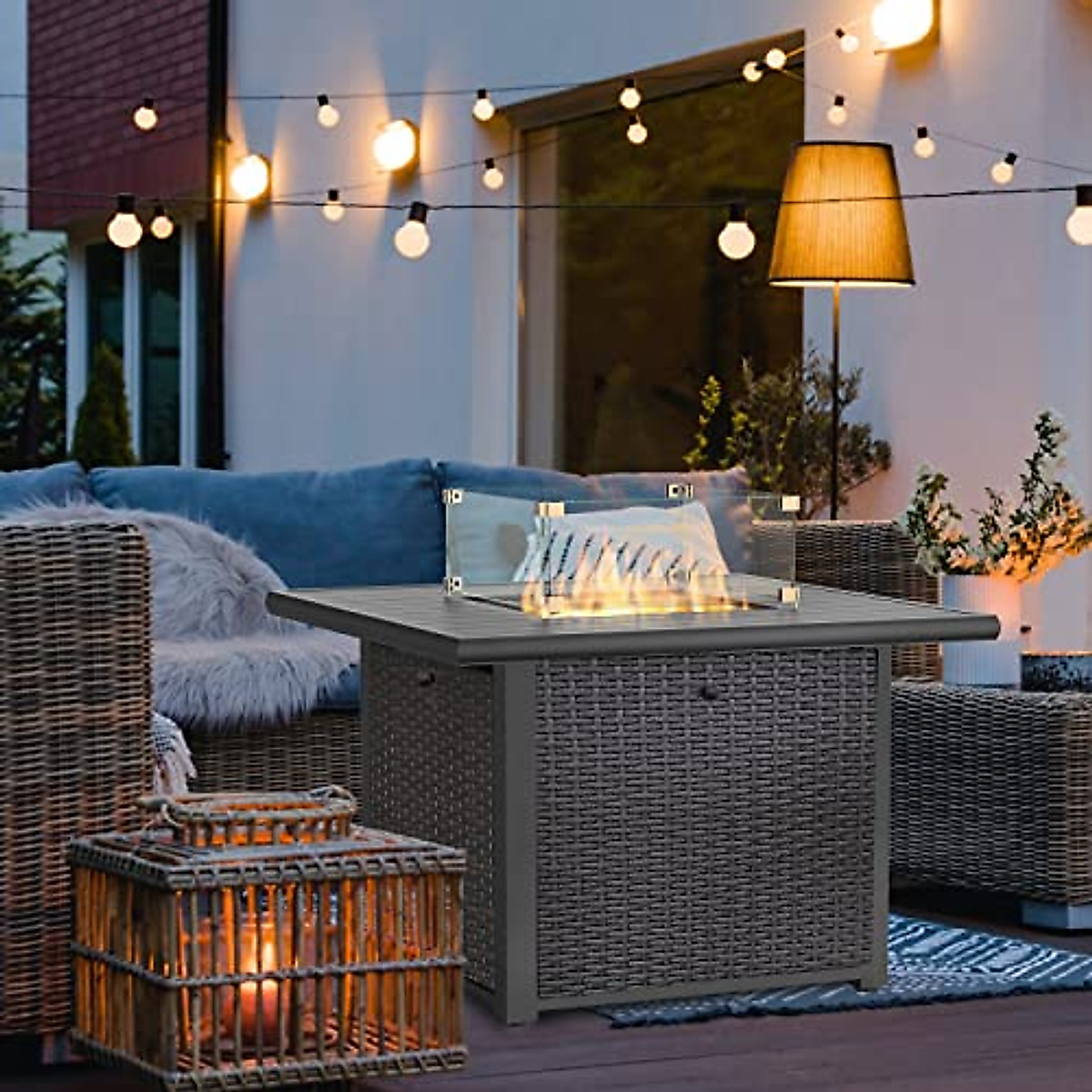 MARVOWARE Propane Gas Fire Pit Table, 60,000 BTU Wicker Outdoor Fireplace with Lid & PVC Cover,CSA Approved Auto-Ignition Fire Tables for Garden Backyard Deck Patio(36in)
