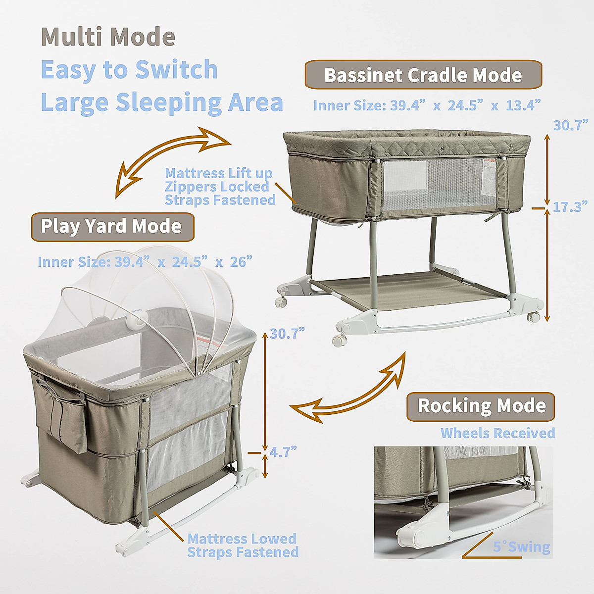 RTUSAS Multi Mode Newborn Baby Bassinet Bedside Sleeper Baby Cradle Portable Bassinet Playpen with Wheels Breathable Mesh Crib Rocking Bassinet(Light Grey)