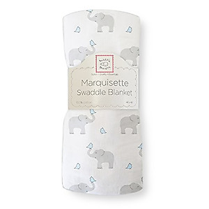 SwaddleDesigns Marquisette Receiving Swaddle Blanket for Baby Boys & Girls, Soft Premium Cotton Muslin, Best Shower Gift, Elephant and Pastel Blue Chickies, Parent Picks Award Winner