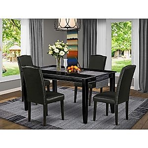 East West Furniture DUEN5-BLK-69 Dudley 5 Piece Room Set Includes a Rectangle Kitchen Table and 4 Black Faux Leather Parsons Dining Chairs, 36x60 Inch