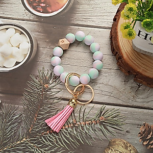Mothers Day Gift Portable House Car Keys Ring Holder, Elastic Beaded Silicone Bracelet Bangle Wristlet Keychains W/Tassel