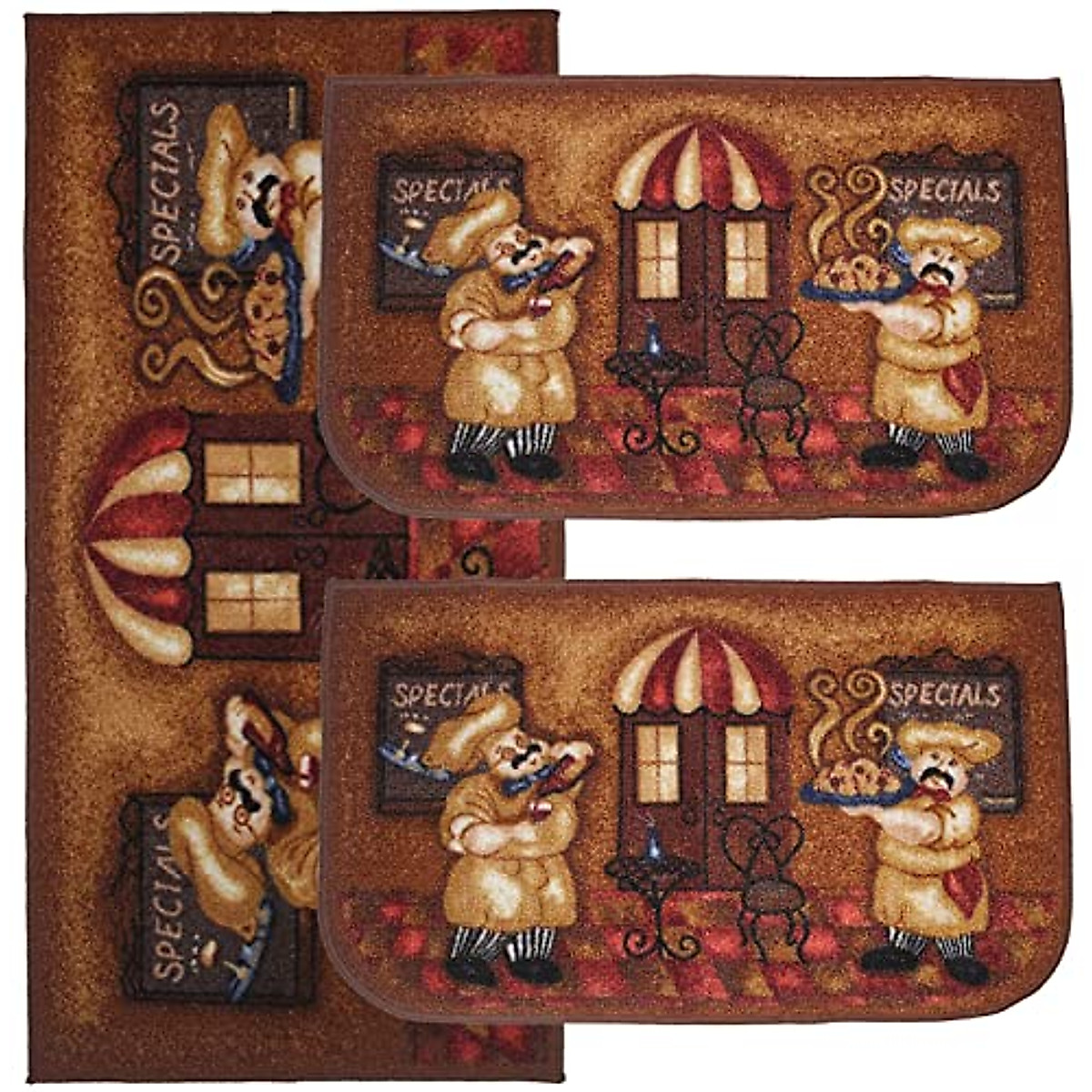 Kashi Home Kitchen Rug, Printed Area Rug, Durable Floor, Door Mat, Farmhouse Non-Slip Carpet Latex Backing Beautiful Design Chef 3pc Set (2 18x30 D Shape & 1 20x40)