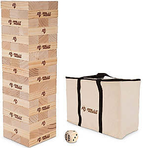 Rally and Roar Towering Timbers Giant Tumbling Timbers Game 2.5 feet Tall (Build to Over 5 feet) Classic Wood Version - for Adults, Family Stacking Blocks Set w/Canvas Bag