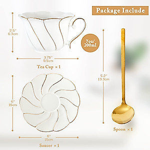 DUJUST 3 pcs Porcelain Tea Cup and Saucer Set with Tea Spoon, Luxury British Style Tea/Coffee Cup Set with Golden Trim, Beautiful Tea Set for Living Room Decoration & Tea Party