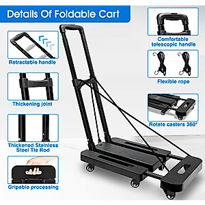 Hand Truck Dolly, Folding Hand Truck - Dolly Cart for Moving 500 LB Heavy Duty Luggage Cart with 6 Wheels & 2 Bungee Cords for Luggage, Travel, Moving, Shopping, Office (Black)