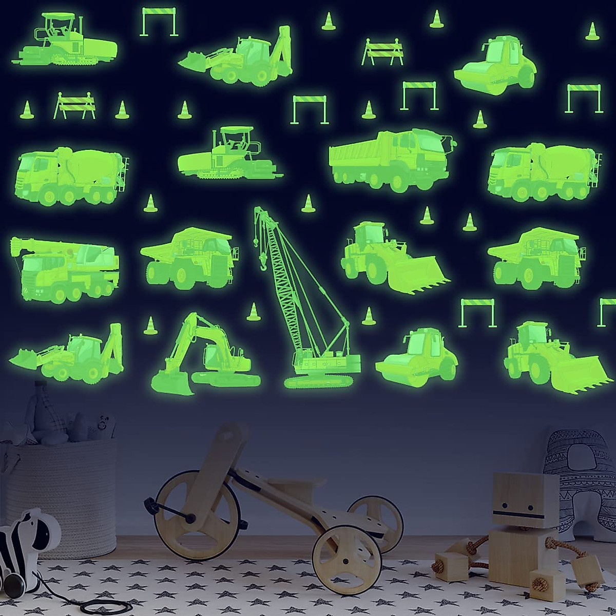 TOARTi Glow in The Dark Construction Wall Stickers, Transport Truck Excavator Tractor Decals,Luminous Vehicle Wall Decal for Kids Boys Room Nursery Decor(4 Sheets, 49 pcs)