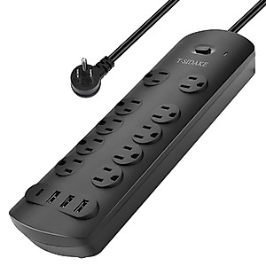 Power Strip, T-SIDAKE Socket, with 10 AC Power Outlets, 3 USB 3.0 Ports and a USB C Port, 6 Feet Extension Cord (1875W/15A), is a Necessity for Offices, Homes, and Dormitories. (Black)