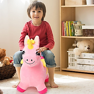 Bouncy Christmas Pink Unicorn Bouncer, Toddler Girl Bouncing Animal Hopper, Inflatable Plush Hopping Toy for Baby First Birthday Gift 36 Month 3 4 Year Old Kid