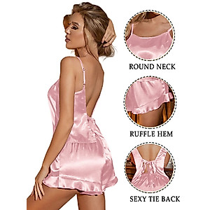 Ekouaer Silk Pajamas Set Women Satin Sleepwear Ruffled Camisole Shorts Pjs Nightwear Large Pink