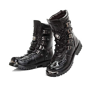 N.Y.L.A. Black Men's lace-up Military Combat Boots, Non-Slip Comfortable Leather high-top Outdoor Hiking Shoes, Wear-Resistant Motorcycle Boots, Steampunk Gothic Retro Classic Buttoned Military Boots