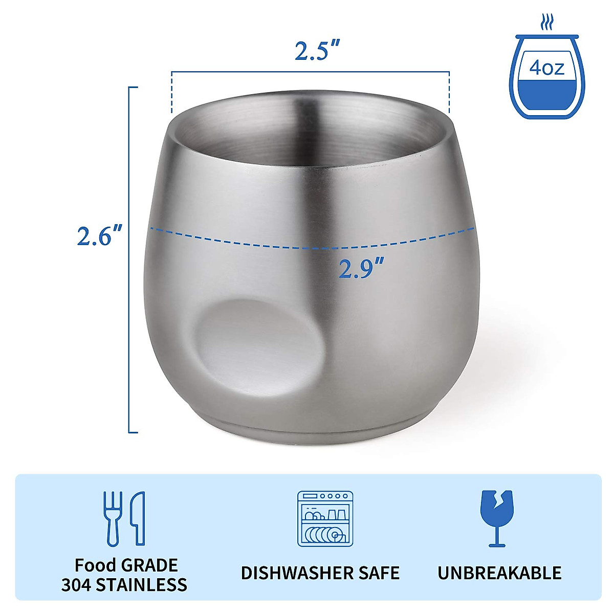 Kitchenexus Small Stainless Steel Espresso Cups 2pcs Set, 4oz Double Wall Insulated Unbreakable Stemless Tumbler Small Cup for Outdoor Events Picnics Party