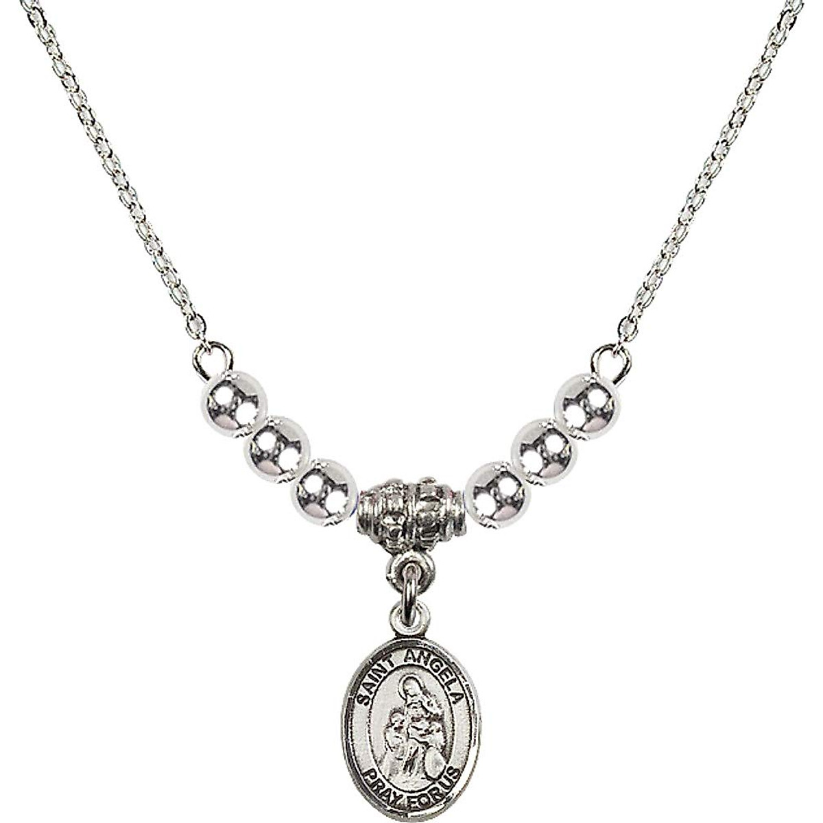 Bonyak Jewelry 18 Inch Rhodium Plated Necklace w/ 4mm Sterling Silver Beads and Saint Angela Merici
