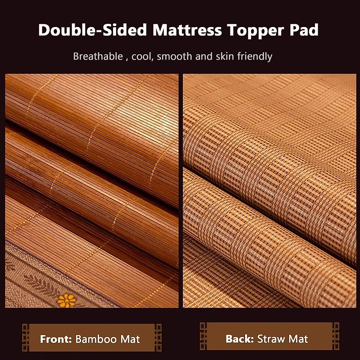 Summer Cooling Bamboo Sleeping Mat Foldable,Double-Sided Sleeping Pad Straw Mat ,Double King Size Mattress Topper Pad,Breathable Bed Sheet Air Conditioning Mat for Home Bedroom School Dormitory ( Size