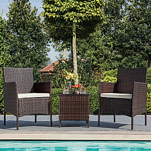 Greesum 3 Pieces Patio Dining PE Rattan Wicker Chair Furniture Set with Cushion and Glass Coffee Table for Outdoor Garden Backyard Poolside, Brown and Beige