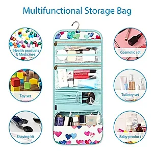 Fintie Portable Toiletry Cosmetic Travel Bag, Large Water Resistant Hanging Makeup Organizer Storage Pouch Case for Women Girls (Raining Hearts)