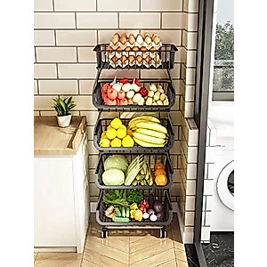 OKZEST 5 Tier Fruit Basket for Kitchen, Rolling Vegetable Fruit Storage Basket Stand Organizer Cart for Snack Potato Onion Produce, Utility Stackable Metal Wire Storage Bin Rack with Wheels for Pantry
