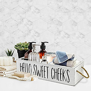 Bathroom Decor Box 2 Sides Funny Toilet Paper Holder Wood Tank Box Over Toilet Paper Storage Basket with Rope Handle Rustic Bathroom Paper Organizer Box with Funny Sign Farmhouse Home Decor Box