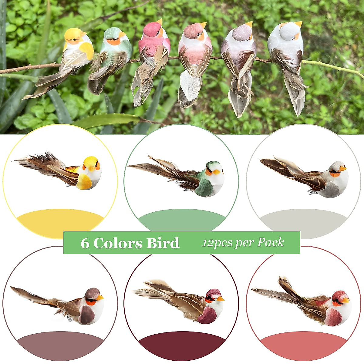 LWINGFLYER 12pcs Artificial Foam Feather Birds Mini Decorative Love Bird Ornaments for Wreaths Craft Christmas Tree Decoration Flower Arrangements 10cm/4inch Claw