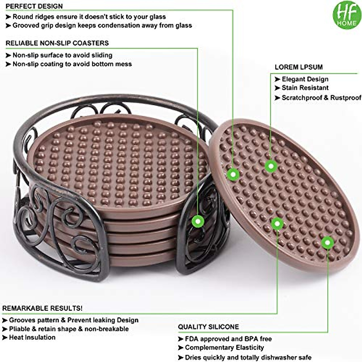 Drink Coasters Set of 6 Packs with Holder - Round Black BPA Free Silicone with Metal Iron Coaster Case Non-Slip Bottom Fits Any Size Cup Mug or Glasses (Brown)