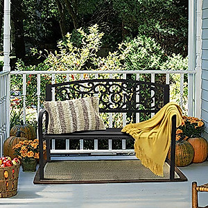 S AFSTAR Garden Bench, Metal Porch Bench for Park Garden Yard, Outdoor Patio Bench with Weather-Resistant Cast Iron Backrest and Welcome Pattern, Front Door Bench Park Bench for Outside (Black)