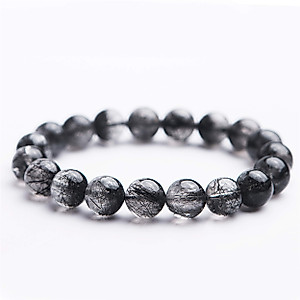 Natural Gemstone Black Rutilated Quartz Crystal Elastic Round Bead Bracelet 10mm