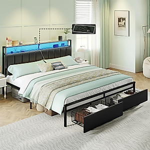 AMERLIFE LED Bed Frame with Drawers, King Platform Bed Frame with 2-Tier Storage & Leather Upholstered & Charging Station Headboard, No Box Spring Needed, Noise Free, Easy Assembly, Black