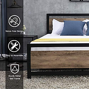 Catrimown Queen Platform Bed Frame with Wooden Headboard and Footboard, Metal Bed Frame Queen Size with Storage, Wooden Bed Frame, Strong Slat Support/No Box Spring Needed/Easy Assembly, Black