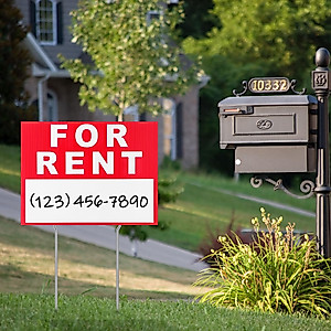 Ripeng 4 Pcs 17 x 13 Inch for Rent Sign with Stand Double Sided Corrugated Plastic Red White for Lease Sign with 8 Pcs Tall Iron Stands for Outdoor House Business Rental Car Apartment (17 x 13 Inch)