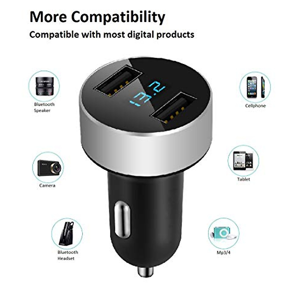 LIHAN Dual USB Car Charger,4.8A Output,Cigarette Lighter Voltage Meter Compatible with Apple iPhone,iPad,Samsung Galaxy,LG,Google Nexus,USB Charging Devices,Silver