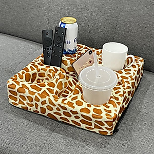 Couch and Bed Cup Holder Pillow, Sofa Refreshment Tray for Drinks/Remote Control/Snacks Holder (Giraffe)